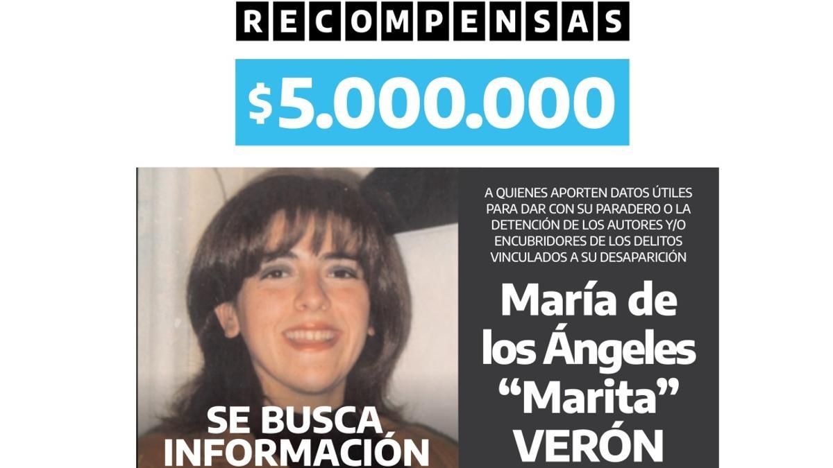El gobierno ofrece una recompensa de $5 millones por datos de Marita Verón