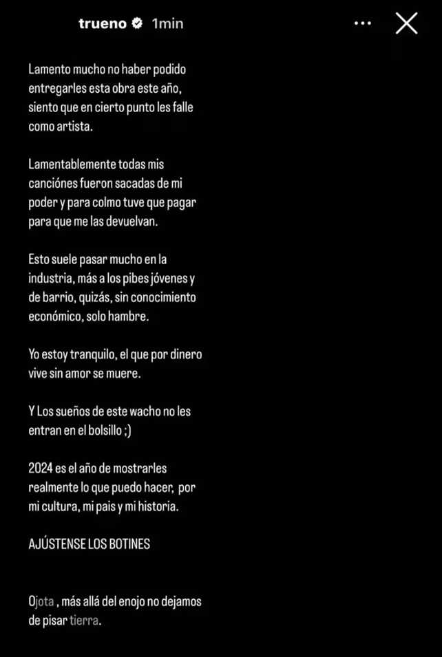 Trueno reveló que fue estafado y acusó a su antiguo equipo de trabajo