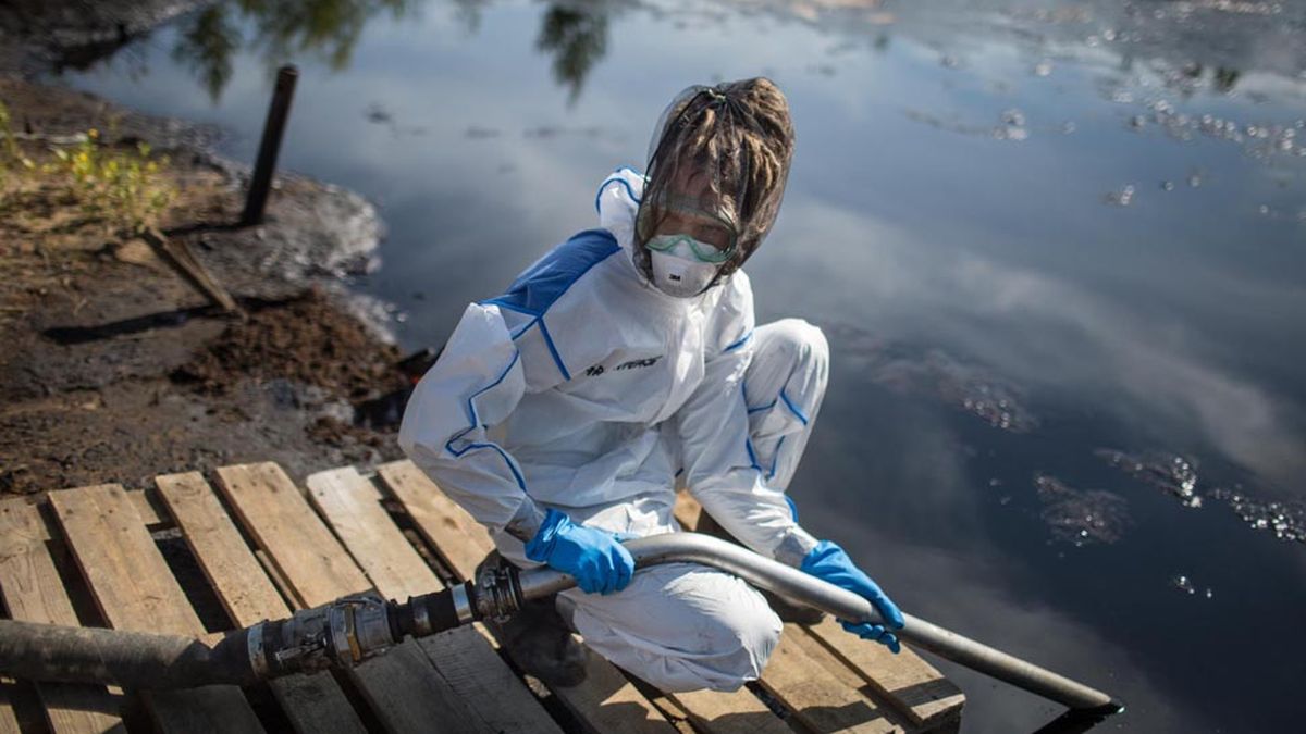 Voluntarios de Greenpeace limpiaron un río contaminado con petróleo