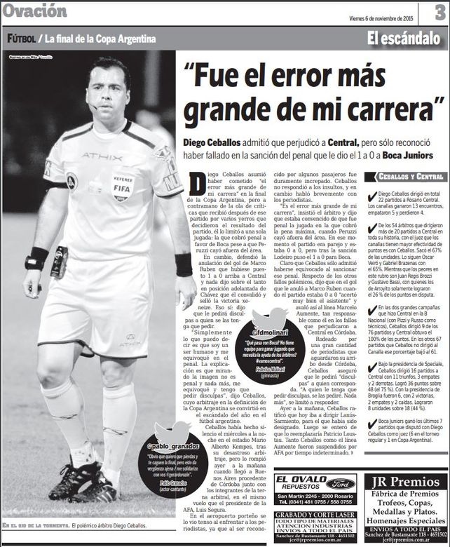 Diego Ceballos fue designado avar para Vélez-Central pero lo bajaron